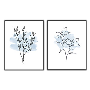 Line Art Botanicals with Blue Watercolor Brushstrokes Wall Print - Set of 2 11x14 UNFRAMED, Abstract Decor. Clean, Contemporary Sketches of Branches with Leaves.