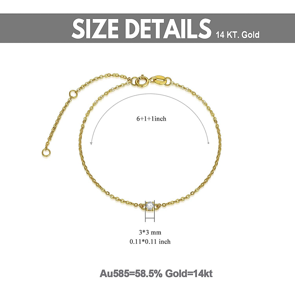 Rikelus 14K Solid Gold Bracelet for Women, Real Gold Thin Bracelet Cubic Zirconia Bracelet Birthday Anniversary Mothers Day Jewelry Gifts for Wife/Mom/Grandma/Girlfriend, 6.5+1+1 inch