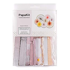 PapaKit Origami Wall Decoration Set (8 Assorted Round Paper Fans) Birthday Party Baby Shower Wedding Events Decor | Creative Art Design Pattern (Sparkling Pink Rose Blush, 8 Piece Set)