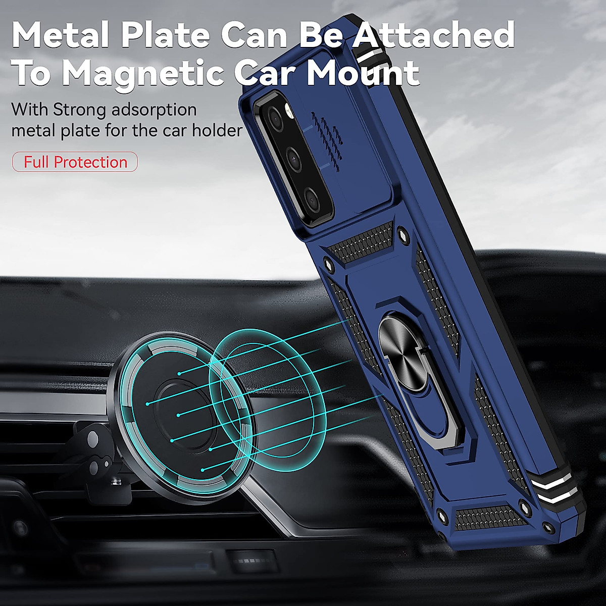 SKTGSLAMY for Samsung Galaxy A03S Phone Case,with Screen Protectors and Camera Cover,[Military Grade] 16ft.Drop Tested Cover with Magnetic Kickstand Protective Case for Galaxy A03S, TC-Blue