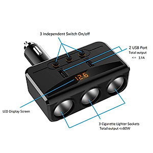 LIHAN 3 Socket Cigarette Lighter Adapter, Car Charger Plug Splitter with Dual USB Ports, 12V/24V Meter Monitor, Compatible with iPhone, LG, HTC, Samsung etc