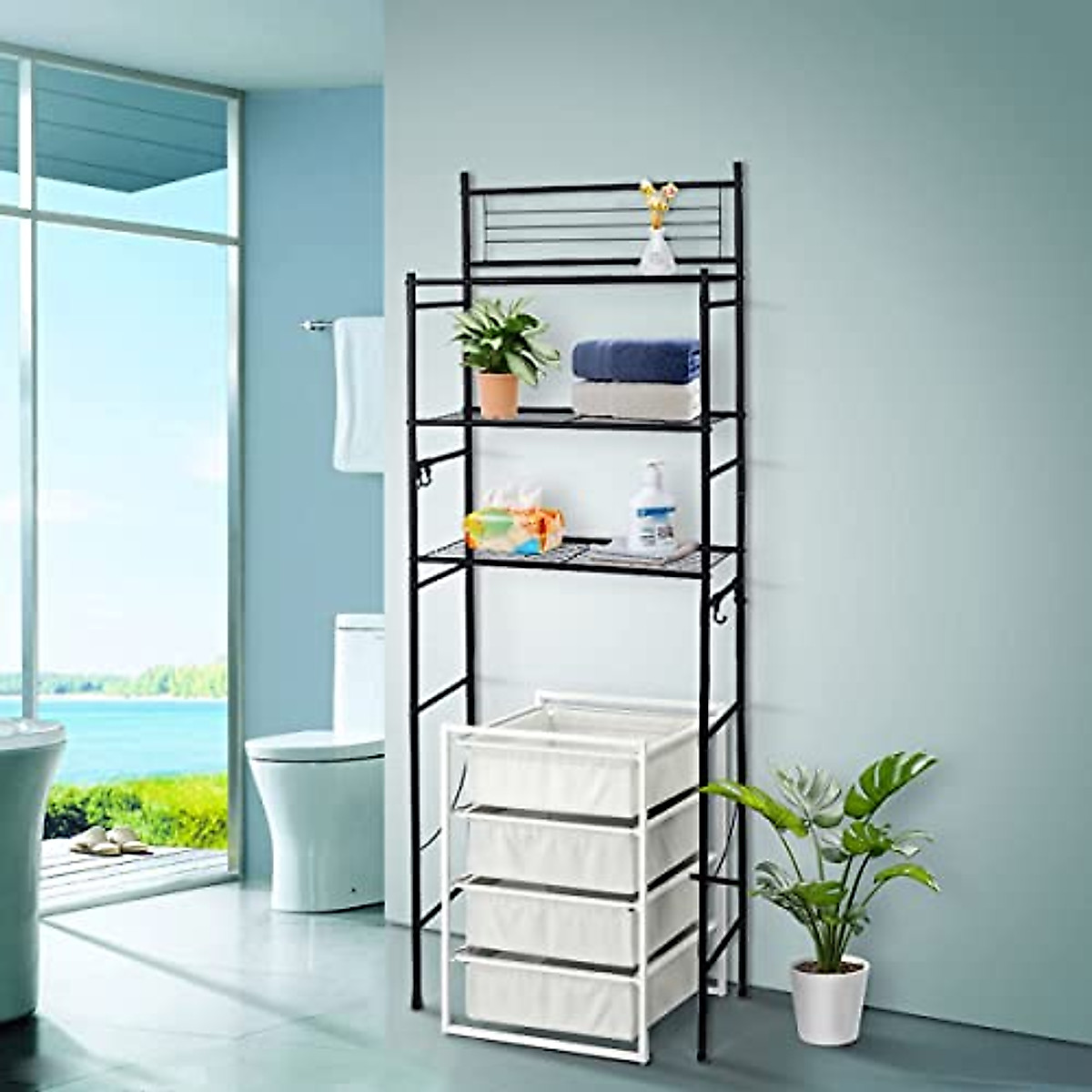L&H UNICO 3-Shelf Wire Freestanding Shelving Unit Over The Toilet Storage Organizer Rack Bathroom Space Saver, Includes 4-Hooks, Black