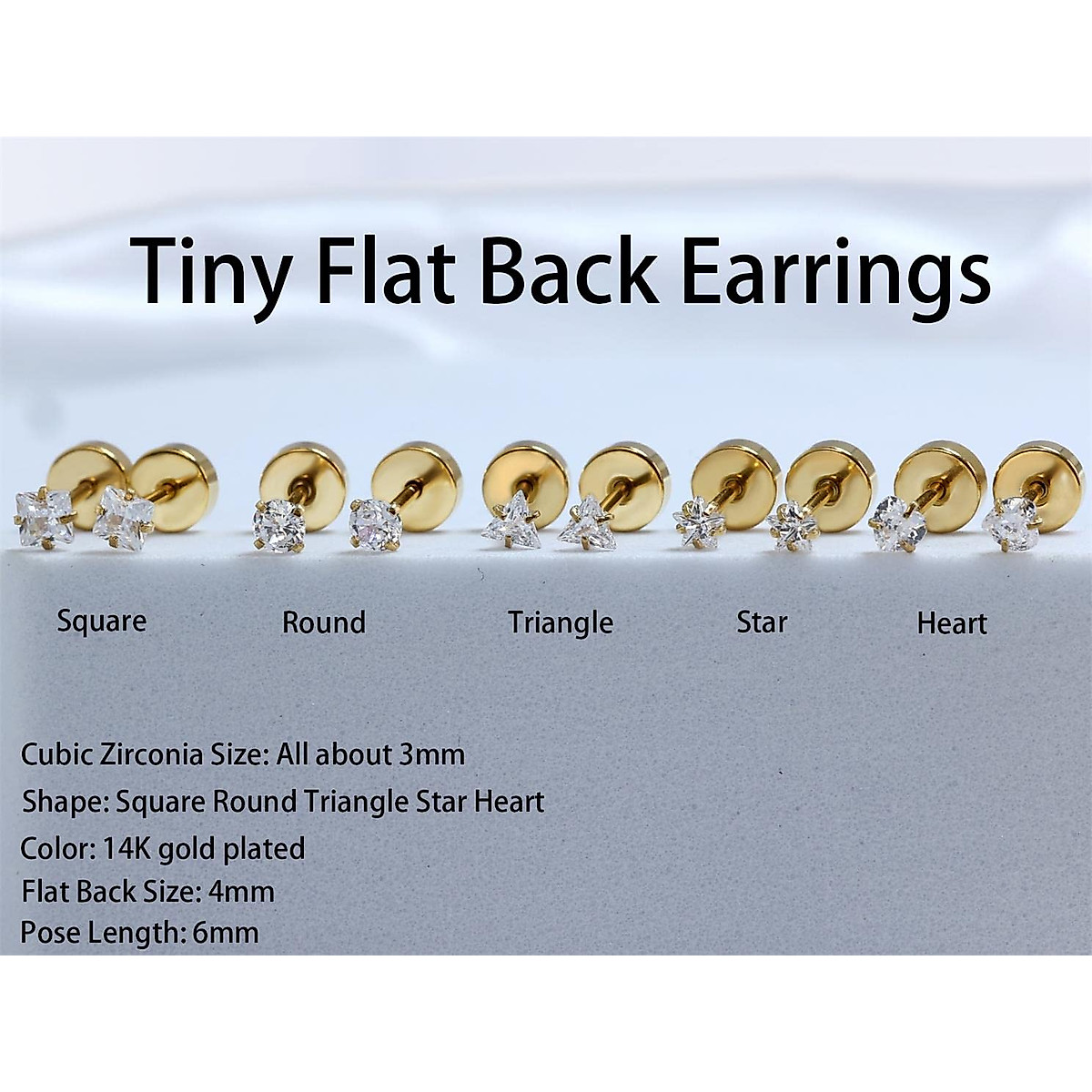 Flat Back Earrings for Women Hypoallergenic: 5 Pairs 14K Gold Tiny Stud Earrings in Stainless Steel Lightweight Round Star Square Heart Triangle Cubic Zirconia Earrings Studs for Lobe, Cartilage, Helix (14K Gold Plated)