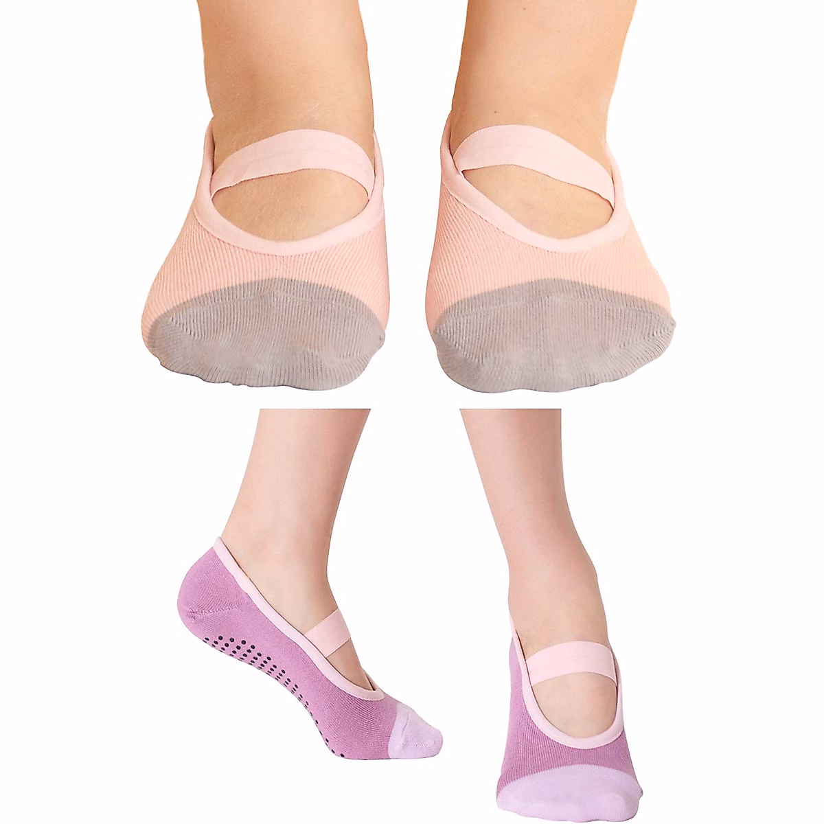 Aprilaugust Non Skid Grip Cotton Socks for Kids, Perfect for Daily wear, Yoga, Dance, Barre, Ballet (US, Age, 4 Years, 7 Years, Pink S Kids + Purple S Mom)