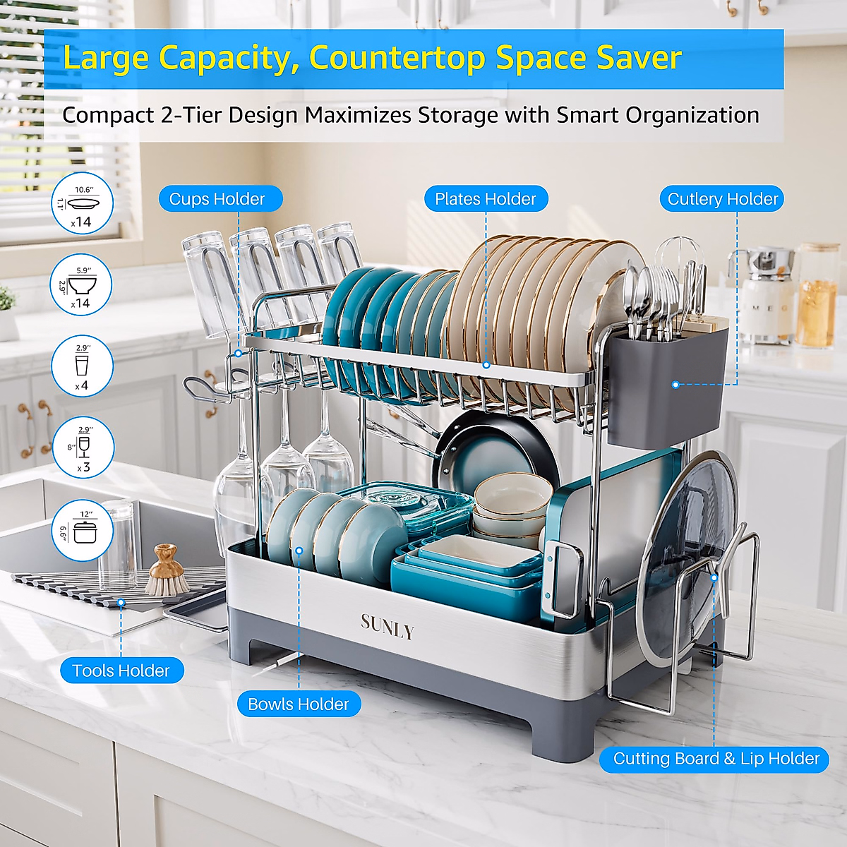 SUNLY Large Dish Drying Rack, Dish Racks for Kitchen Counter, 304 Stainless Steel Kitchen Drying Rack, Multipurpose 2 Tier Dish Drying Rack, Extra Large Dish Dryer with Rotatable Spout, Gray