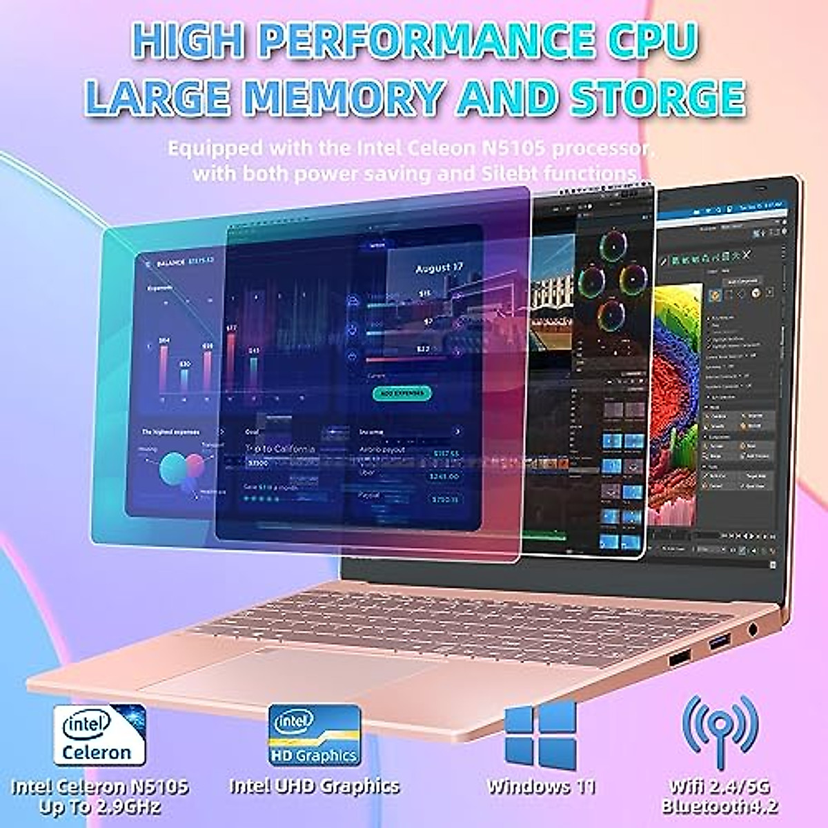 【Win 11 Pro/Office 2019】16 inch Laptop Narrow Bezels FHD (1920*1200) IPS Display, High Performance Celeron N5105 CPU, 16GB RAM, 256GB SSD, with Full Size Numeric Backlit KB, Rose gold (16G+256G SSD)