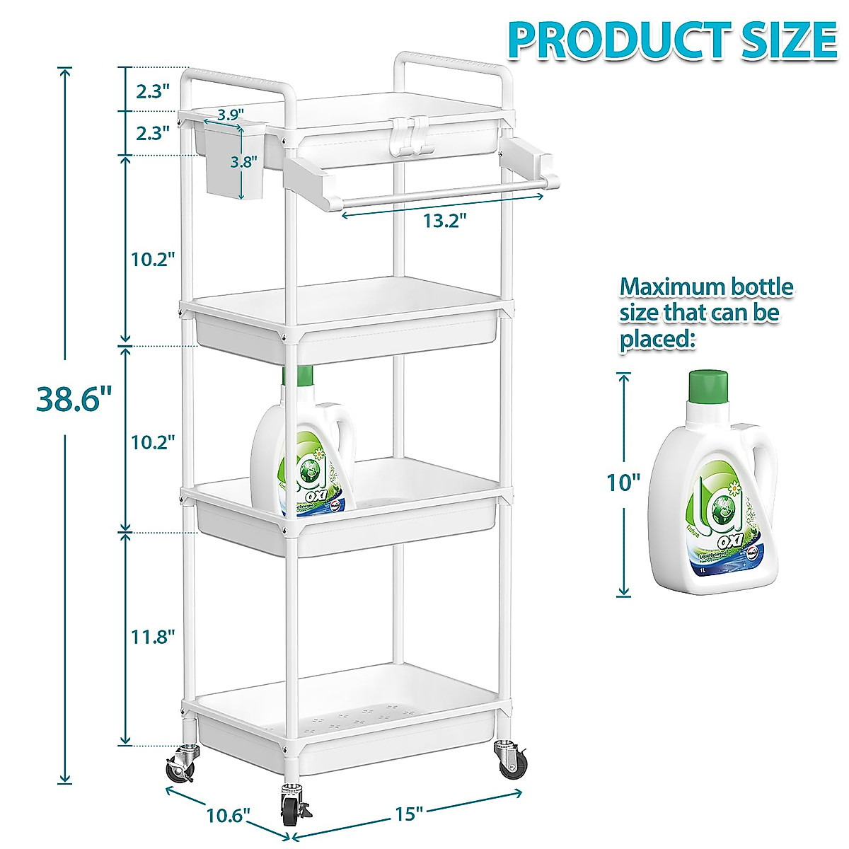 SPACEKEEPER Rolling Storage Cart, 4-Tier Bathroom Organizer Utility Cart Laundry Room Organization Mobile Shelving Unit with Towel Rack, Lockable Wheel, Hooks & Cup for Kitchen Bedroom Office, White