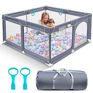 Suposeu Baby Playpen for Toddler, 50”×50” Large Baby Playard, Indoor & Outdoor Kids Activity Center, Sturdy Safety Play Yard with Soft Breathable Mesh, Grey