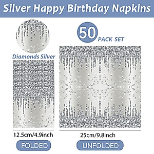 50PCS Silver Party Paper Napkins Silver Happy Birthday Napkins Supplies Silver Glitter Party Napkins Decorations Diamond Theme Party Napkins for Adults Kids Birthday Wedding Bridal Shower Party Favors