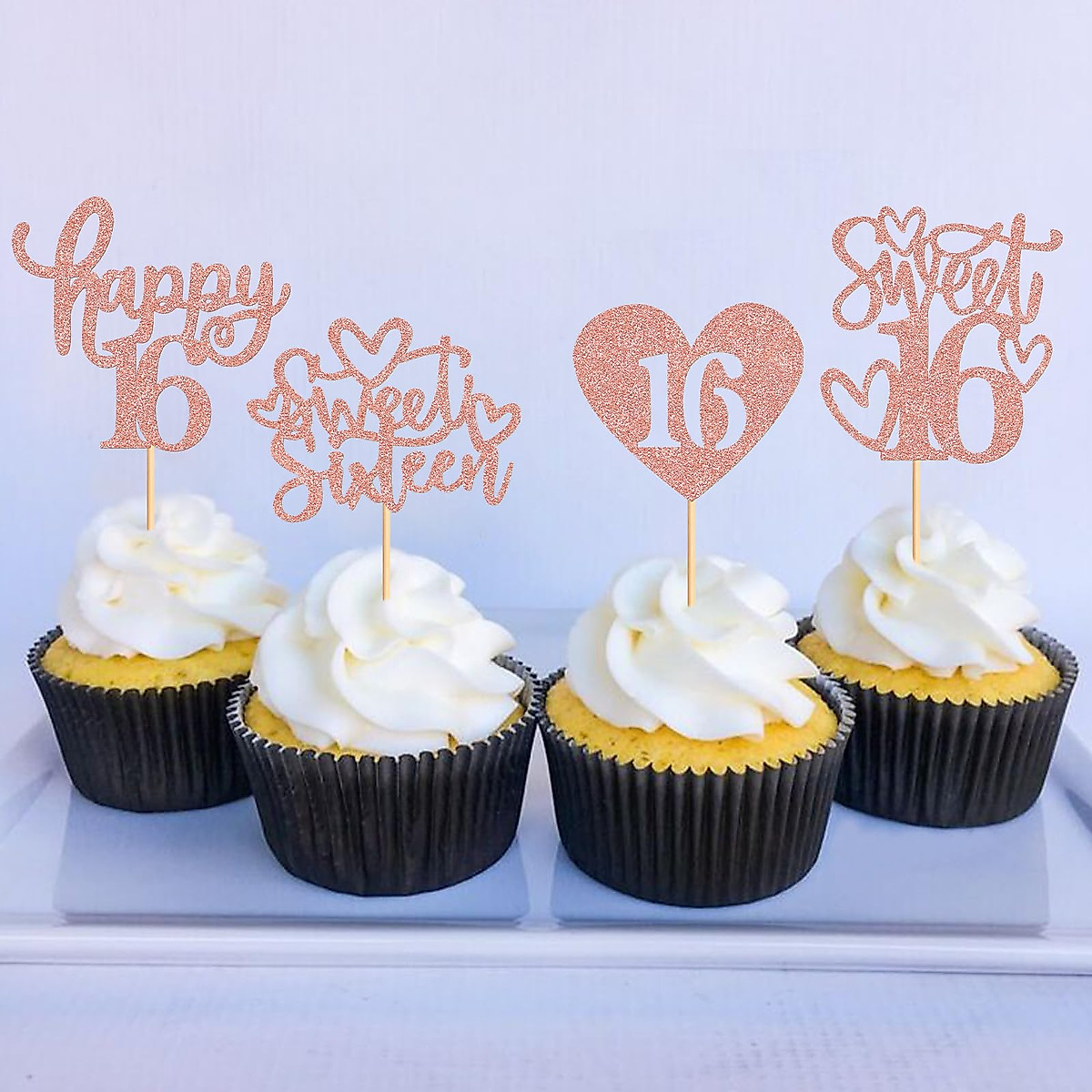 Keaziu 48 Pack Happy Sweet 16 Cupcake Toppers Sweet Sixteen 16 Happy 16 Cupcake Picks for 16th Birthday Wedding Anniversary Party Cake Decorations Supplies Rose Gold