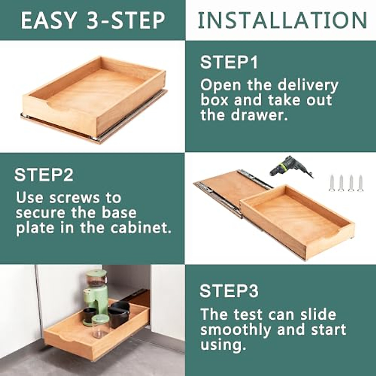 SITOO Pull Out Drawers for Kitchen Cabinets, Pull Out Cabinet Organizer, Fully Assembled Wood Cabinet Pull Out Drawer, Fast and Easy DIY Installation, 14”W x 21”D