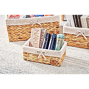 QH & Garden Hand-Woven Water Hyacinth Storage Baskets,Decorative Rectangular Wicker Basket with Detachable Liner,Natural Seagrass Woven Organizer Baskets for Shelves (set of 3)