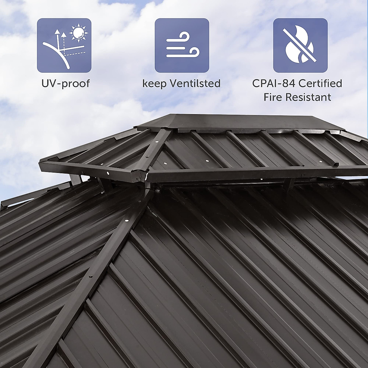 BACKYADOOR 10x12 Gazebo, Outdoor Hardtop Gazebo with Mosquito Netting and Curtains, Hard Top Metal Gazebo for Backyard, Deck, Poolside （Brown）