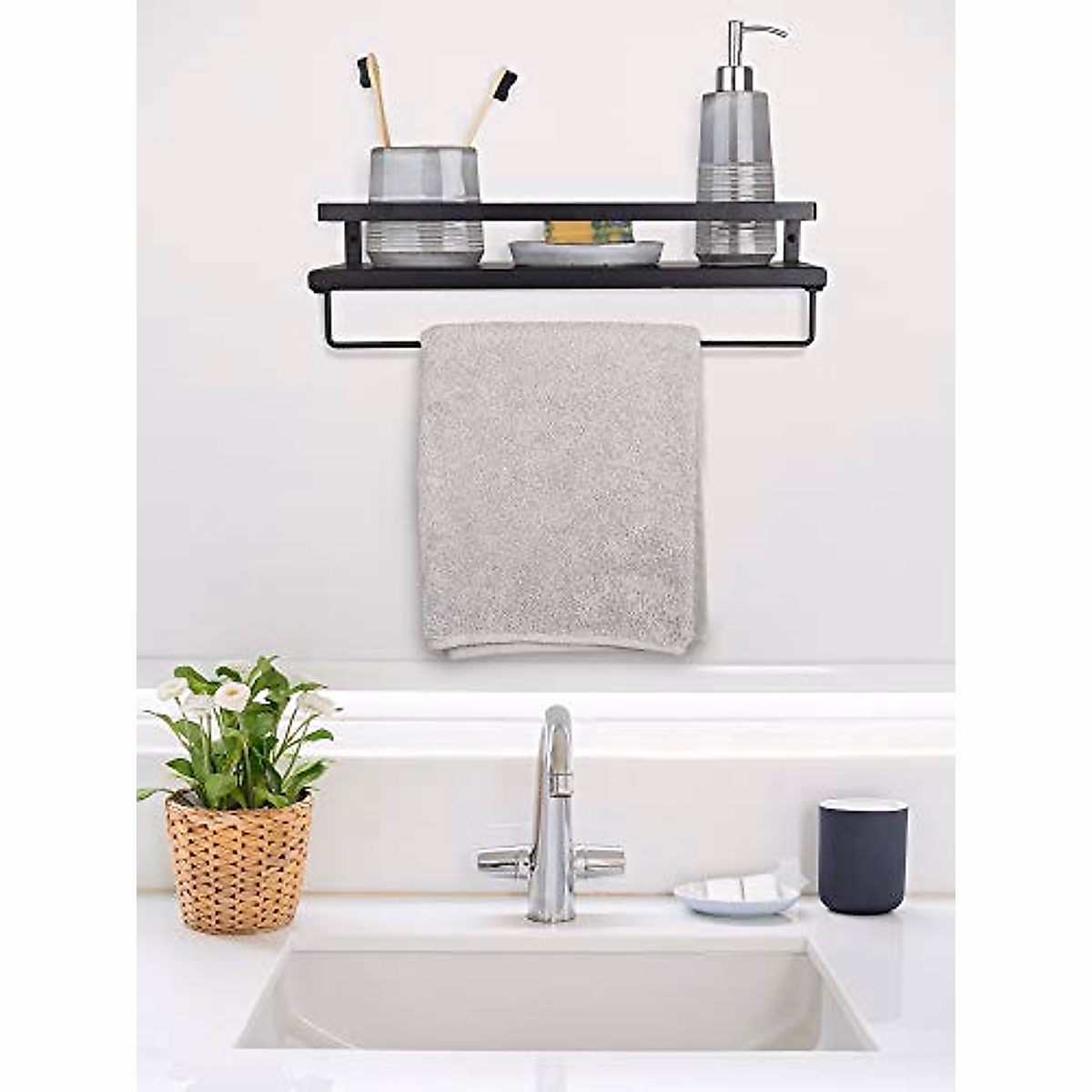 Peter's Goods Modern Floating Shelves with Rail - Wall Mounted Bathroom Wall Shelves with Towel Bar - Also Perfect for Bedroom Decor and Kitchen Storage - Solid Paulownia Wood Shelf Set of 2 (Black)