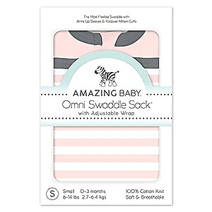 Amazing Baby 6-way Omni Swaddle Sack with Wrap & Arms Up Sleeves & Mitten Cuffs, Easy Swaddle Transition, Better Sleep for Newborn Baby Girls, Pink Stripes, Small 0-3 Months