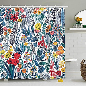RosieLily Colorful Shower Curtain Floral Shower Curtain for Bathroom Flower Shower Curtains Pretty Shower Curtain with Hooks Blue Shower Curtain Bright Bohemian Boho Floral Bathroom Decor, 72"W x 72"H