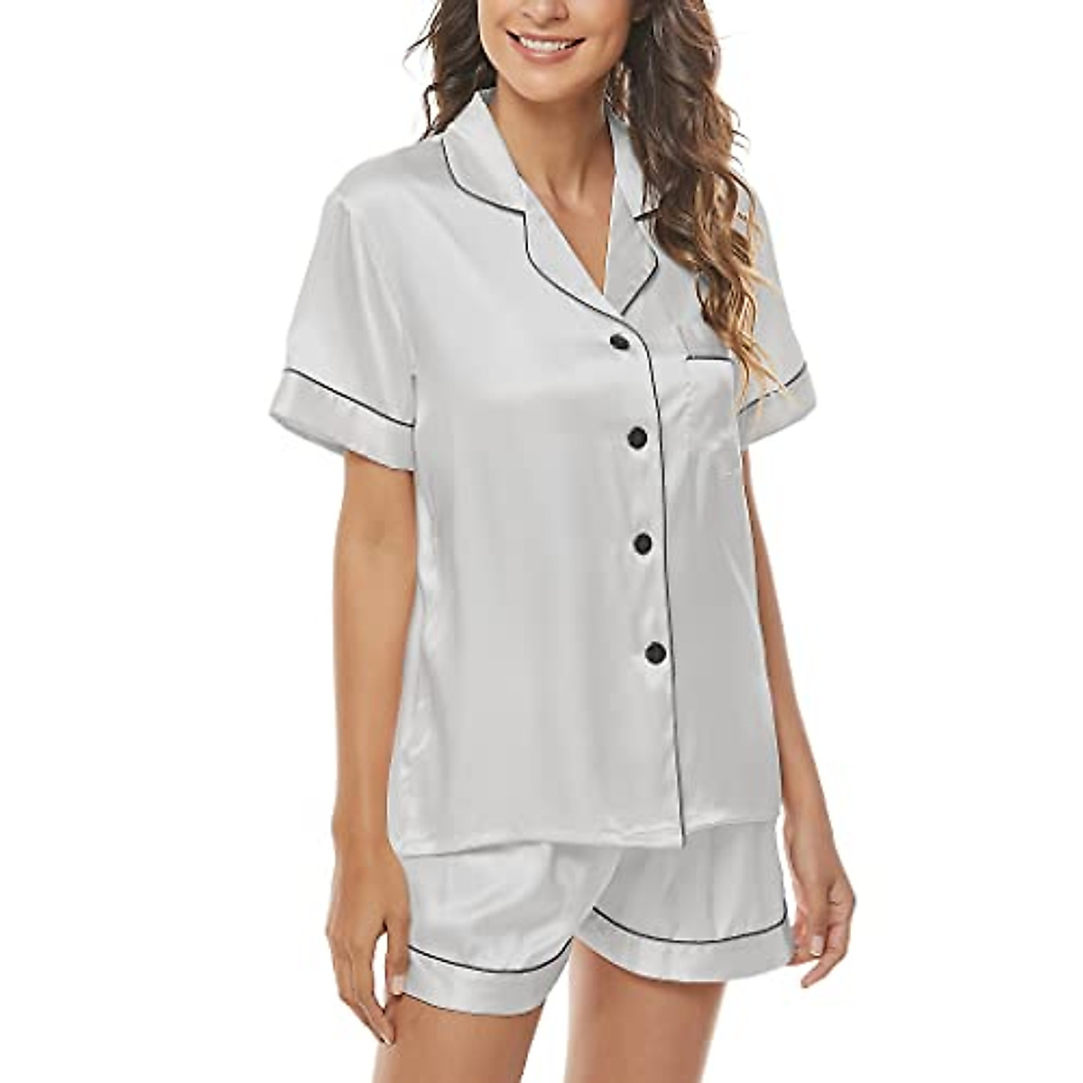 Eilshoji Pajamas for Women Shorts Set, 2 Piece Satin Silk Sleepwear Pj Lounge Sets (White,M)