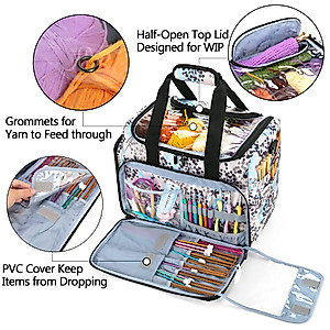 Teamoy Yarn Storage Bag, Travel Knitting Tote Bag with Foldable Inner Dividers for WIP, Yarn Skeins and Knitting Accessories, Purple