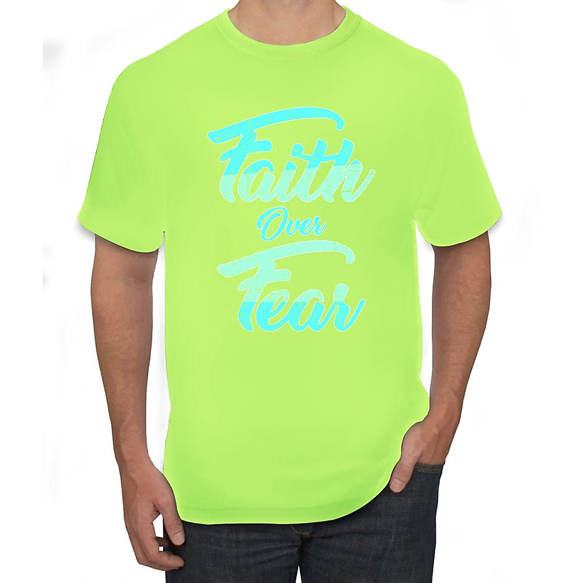 Faith Over Fear Inspirational/Christian Men's Graphic T-Shirt, Safety Green, Large