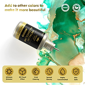 Metallic Alcohol Ink Set - 12 Metal Color Alcohol-Based Resin Inks, High Concentrated Extreme Shimmer with Gemstone Mixatives for Epoxy Resin Petri Yupo Tumbler Cups Fluid Art Painting (15ml/.5 fl oz)
