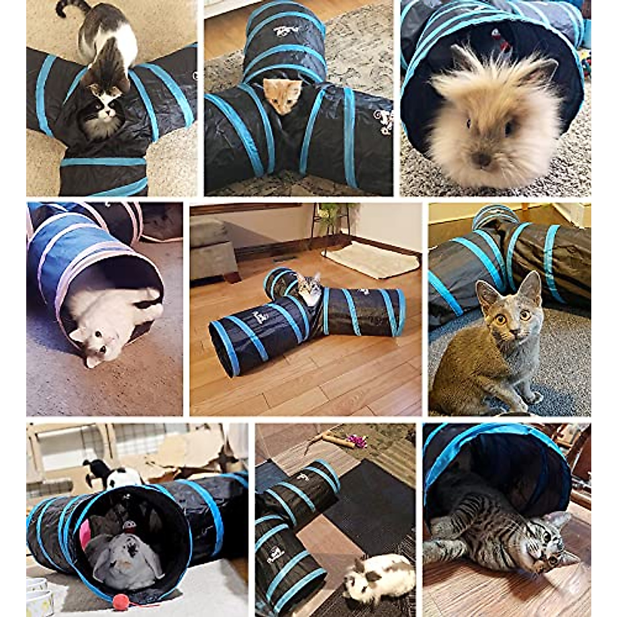 Pawaboo Cat Toys, Cat Tunnel Tube 3-Way Tunnels 25x40cm Extensible Collapsible Cat Play Tent Interactive Toy Maze Cat House Bed with Balls and Bells for Cat Kitten Kitty Rabbit Small Animal, Blue