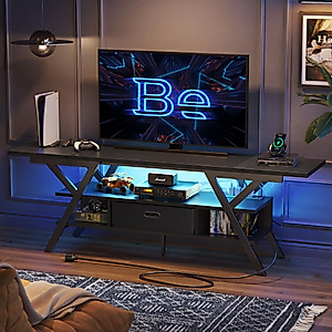Bestier LED TV Stand with Power Outlets for 70/75/80 inch TV, Gaming Entertainment Center with Storage for PS5, 70 Inch Modern TV Cabinet with Drawers for Living Room, Bedroom, Carbon Fiber Black