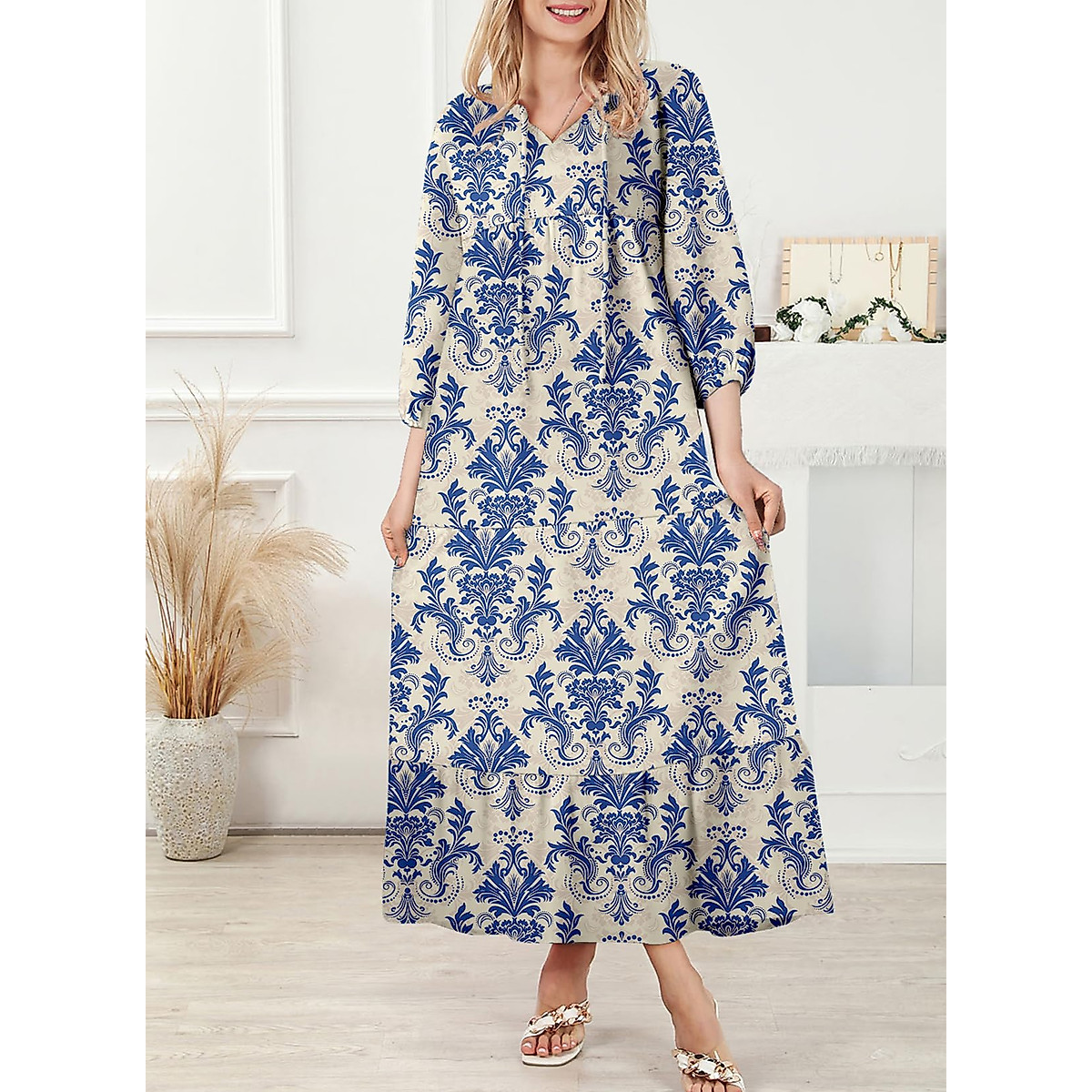 Dokotoo Womens Sundresses V Neck Boho Maxi Dress Puff Sleeve Long Dresses Ruffle A Line Flowy Beach Dresses XX-Large Blue