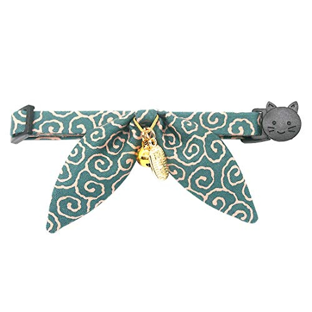 PetSoKoo Cute Bunny Ears Bowtie Cat Collar with Bell, Ancient Arabesque Print, Japan Lucky ’開三運’ Charm. Safety Breakaway, Soft, for Girl Boy Male Female Cats,Light Blue