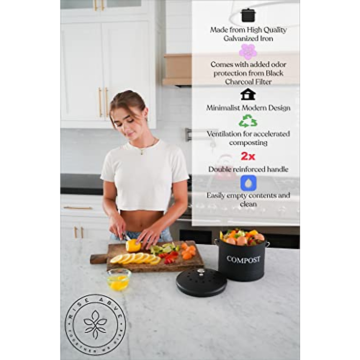 Rise Abve Compost Bin - Odorless Indoor Food Waste Bin with Lid - Scrap Bin - Water Resistant & Rust Bucket - Fixed Black Charcoal Filter - Cross Shaped Design - Easy to Clean Kitchen - Size 8”x7 1/2