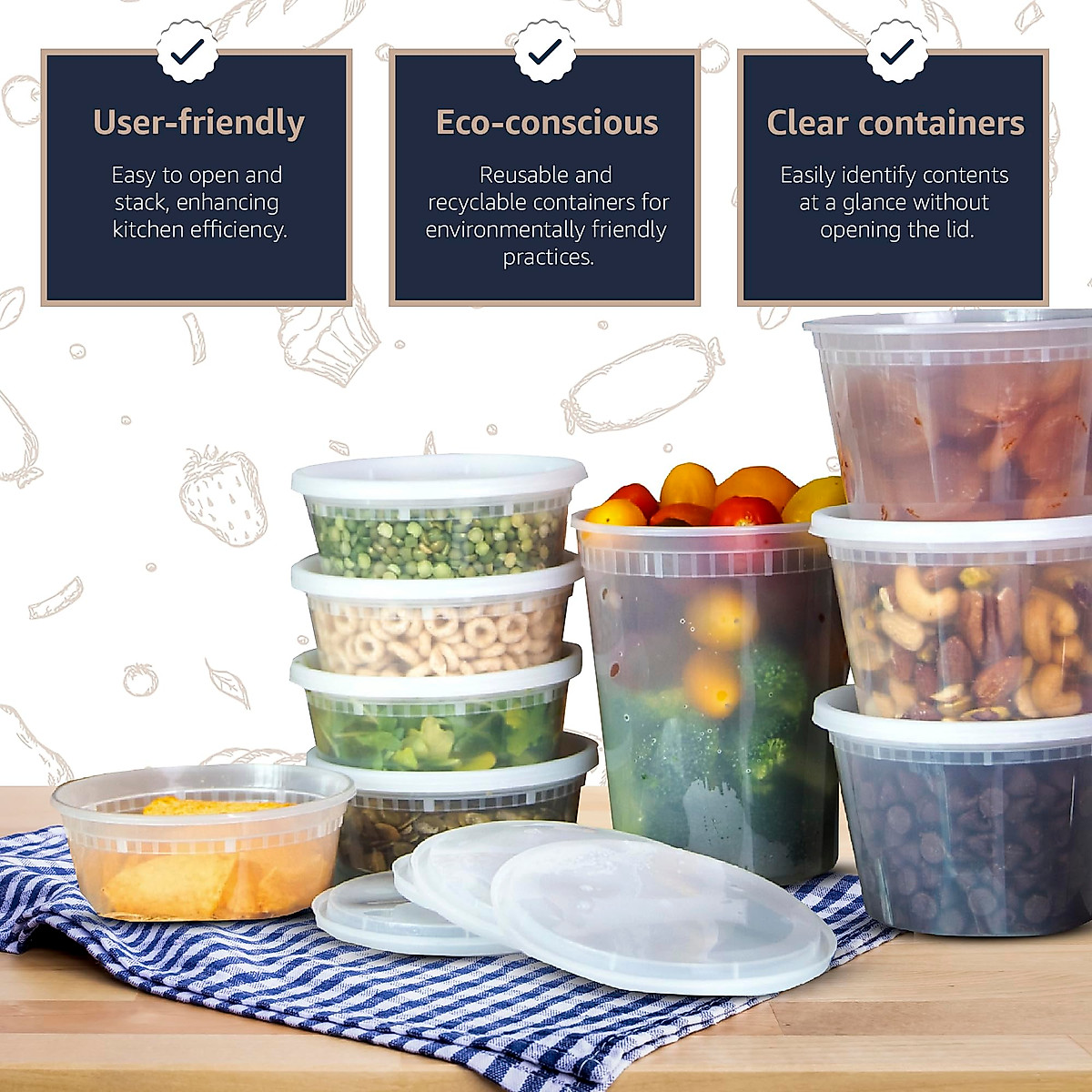 [48 Pack - 16 oz] Plastic Soup Cups Deli Food Storage Containers with Tight Lids Portion Control Non-Spill Stackable Microwaveable Freezer Dishwasher Safe