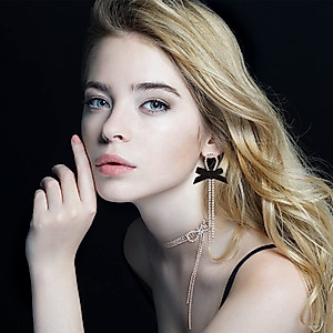 PAGOW 3pcs Rhinestone Silver Necklace Choker, Sparkly Crystal Bling Black Bowknot Earring Pendant Set Diamond Chain Nightclub Wedding Brithday Party Valentine Jewelry Gift for Women