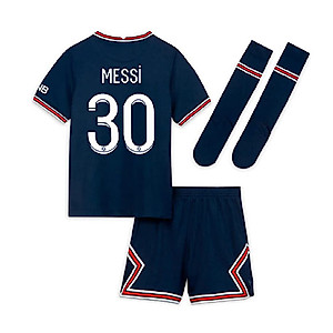 Paris Messi Blue Home 22/23 Soccer Kids Jersey + Shorts + Socks Set Kit Size Medium (8-9 Years Old) for Youth