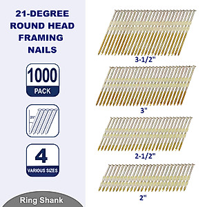 HW HAMWOO Framing Nails,21°Round Head Nail Pack,1000-Pack (2"- 250Pcs,2-1/2"- 250Pcs,3"- 250Pcs, 3-1/2"- 250Pcs),Galvanized Nail,Ring Shank