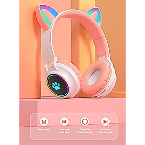 Pink Stereo Gaming Headset with Mic, 3.5MM Sound Cat Ear Wireless Foldable Bluetooth Headphones Lightweight Self-Adjusting Over Ear Headphones for PC, TV, Phone,Online Distant Learning