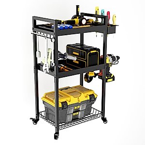 sxvbdway Power Tool Organizer Cart Screwdrivers Wrenches Tool Holder Storage 3-Layer Heavy Duty Power Tool Organizer Shelves Floor Standing Rolling Tool Cart for Workshop,Workbench Black