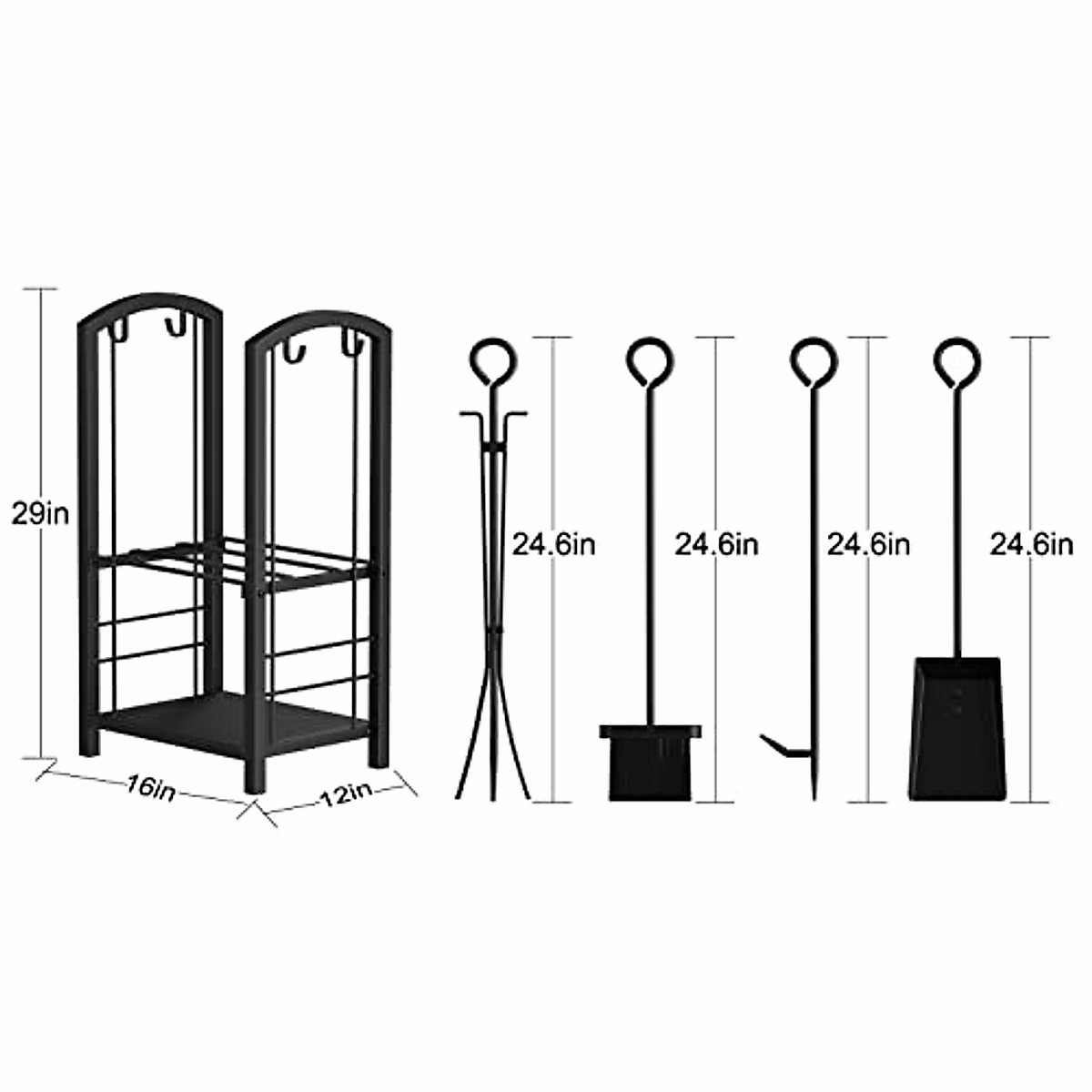 Fire Beauty Fireplace Firewood Log Rack 5-Piece Storage Logs Holder with Tools Set with 4 Tools Set Fireside Holders Wood Lumber Storage Stacking Black