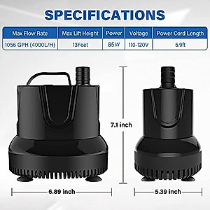 Simple Deluxe 1056GPH Bottom Suction Submersible Water Pump with a Free 17"X17" Filter Bag, 80W Durable Fountain Pump for Aquariums Fish Tank, Statuary, Hydroponics