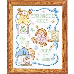 Janlynn 242077 Sleepy Bunnies Sampler Counted Cross Stitch Kit, 13" x 18", Multi-Colored, 14 Count