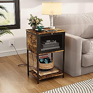 NONGSHIM Nightstand with Charging Station and USB Ports, Night Stand with Flip Drawer and Open Storage Shelf,Bedside Table for Small Spaces,Side End Table for Bedroom,Living Room-Rustic Brown
