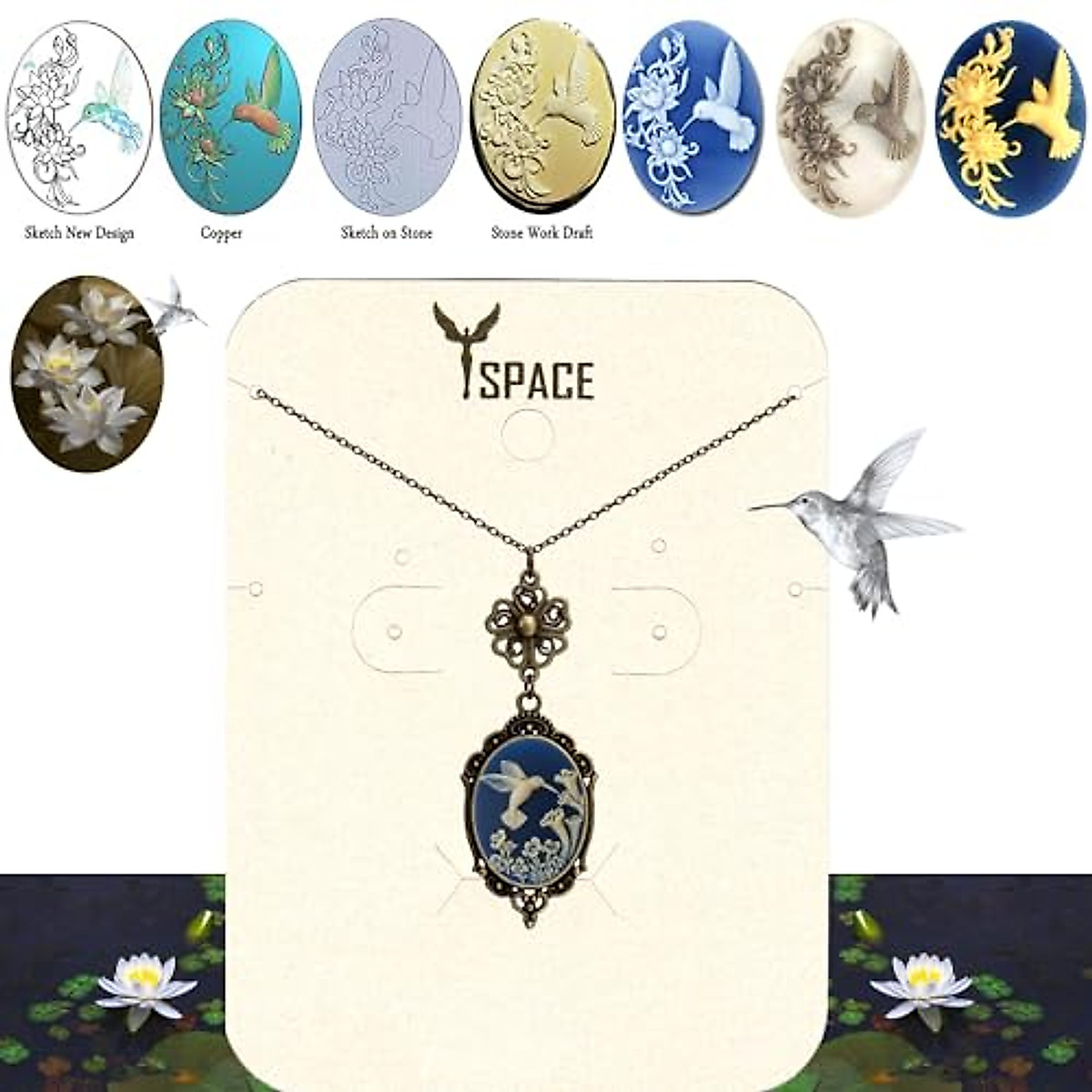 Yspace Lucky Clover Cameo Necklace Best Friend Heart Charms Jewelry 2 Chain Deluxe Gift (Morning glory hummingbird)