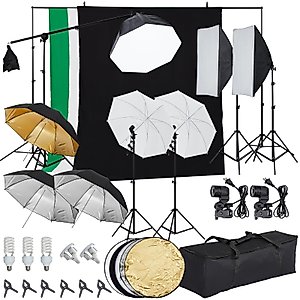 PioneerWorks Photography Lighting kit with Backdrops, 8.5ftx10ft Backdrop Stand, 5 tripod stands and Bulb, Umbrella Softbox Continuous Lighting, Photo Studio Equipment for Portrait Product Photo Shoot