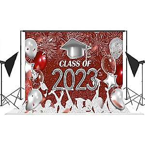 Lofaris Class of 2023 Party Backdrop Red and Silver Congrats Grad Graduation Caps Photography Background Celebration Graduation Prom Party Decor Supplies Photo Booth Banner 7x5ft