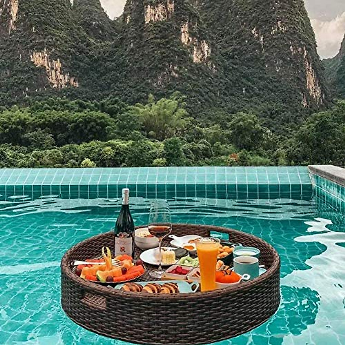 Round Rattan Woven Serving Tray Rattan Floating Breakfast Tray with Handles, Swimming Pool Floats, for Adults for Sandbars Spas Bath and Parties Wedding Photography Photo Shoot