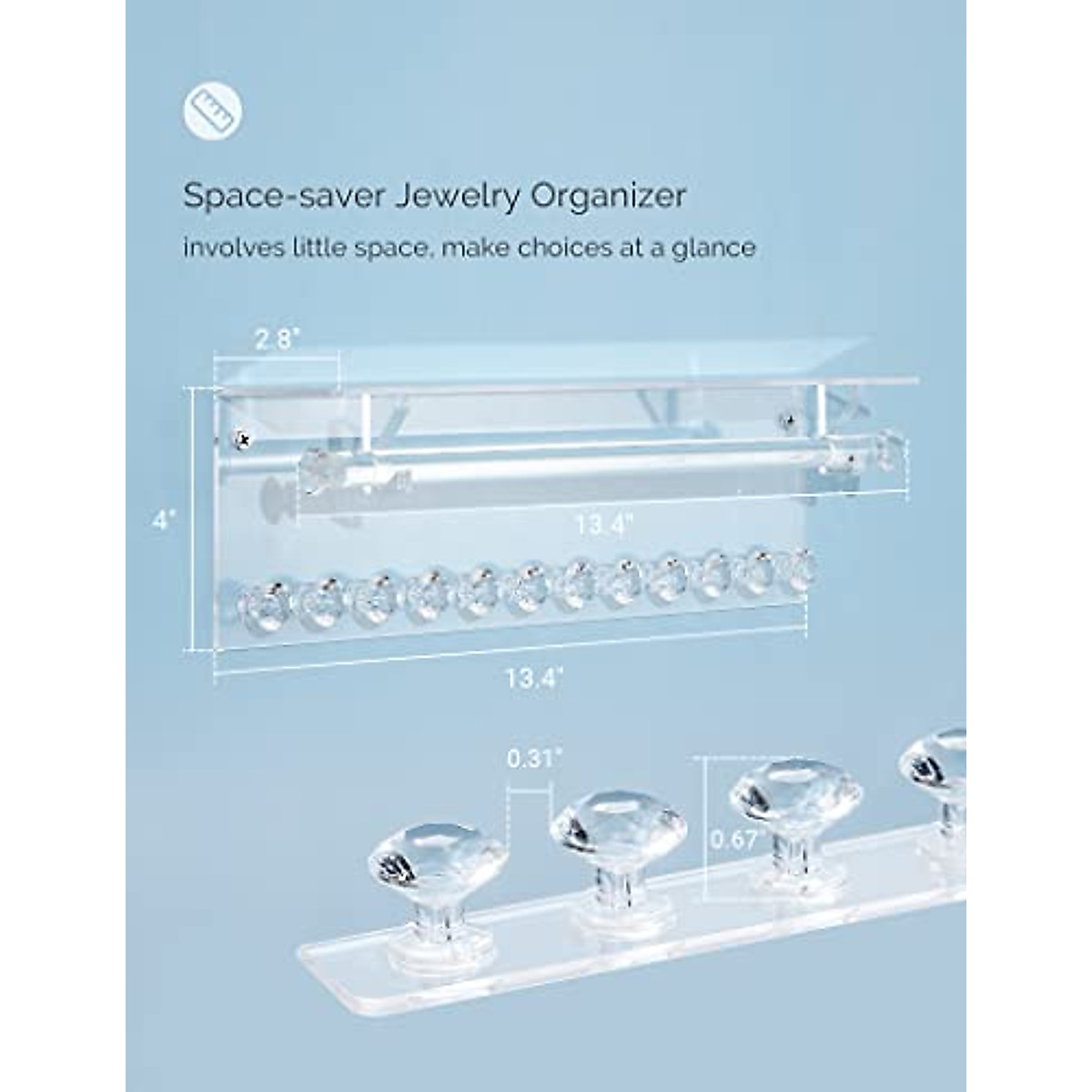 Mymazn 2 Pack Acrylic Necklace Holder with Shelf, 12 Diamond Shape Hooks and Removable Bracelet Rod, Wall Mounted Jewelry Organizer Hanging Jewelry Rack Clear Jewelry Hangers for Necklace, Bracelet