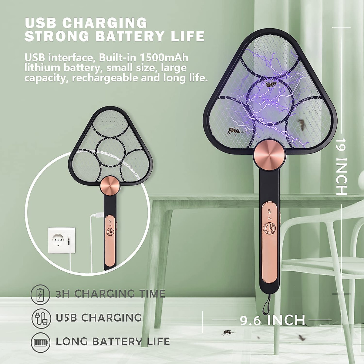 Electric Fly Swatter Racket, 4 in 1 Multifunctional Foldable Wall Mounted Electric Fly Swatter, USB Rechargeable Mosquito Zapper with 3-Layer Safety Mesh, Bug Zapper (1PC)