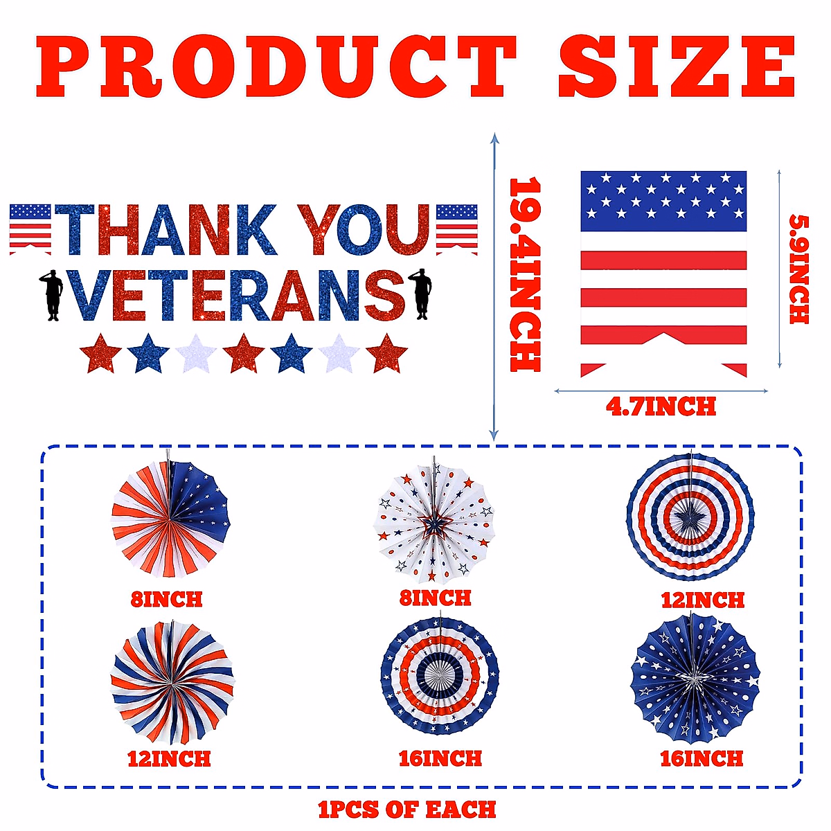 Veterans Day Decorations,Thank You Veterans Banner Happy Veterans Day Decorations Hanging Swirls and Red White Blue Paper Fans for Veterans Day Party Bulletin Board Indoors Patriotic Decorations