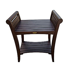 DecoTeak Symmetry Teak Shower Bench 24" Long Extended Height Wood Shower Stool with Shelf and LiftAide Arms Shower Bench in Woodland Brown Finish