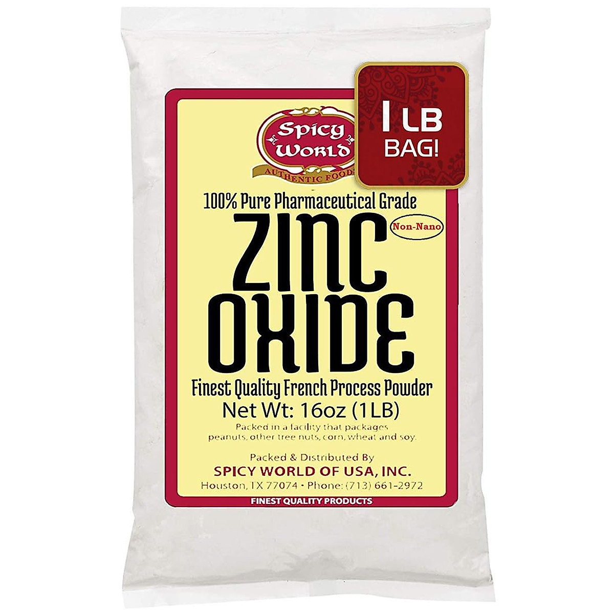 Spicy World Zinc Oxide 1 Pound Bag - NON NANO Uncoated - 100% Pure Pharmaceutical Grade - Perfect for Sunscreen, Lotions, Creams