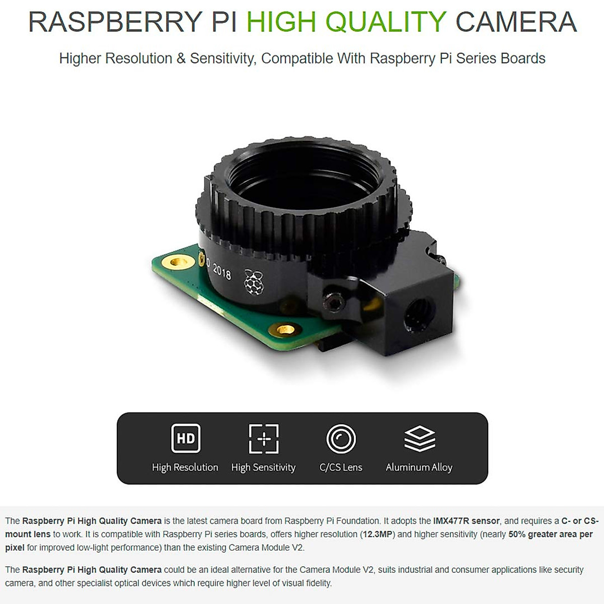 Raspberry Pi HQ Camera Module with Case for Raspberry Pi 4B/3B+/3B/2B/A+/Zero/W/Zero WH,12.3MP IMX477 Sensor Support C- and CS-Mount Lenses, Alternative for Raspberry Pi Camera Module V2 (8 Items)
