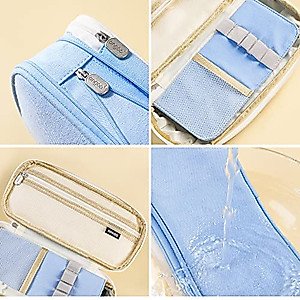 Teuki Large Pencil Case for Girls Boys Adults, Expandable Cute Pencil Case Large Capacity Pencil Pouch Bag for Office School Stationery Organizer Durable Pencil Cases with Sticky Notes, Beige Blue